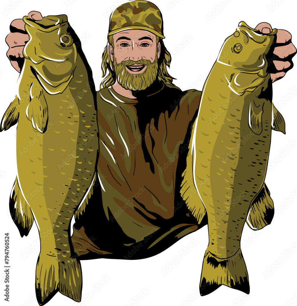 Happy fisherman with big fish, wear a hat long hair, thick mustache and ...