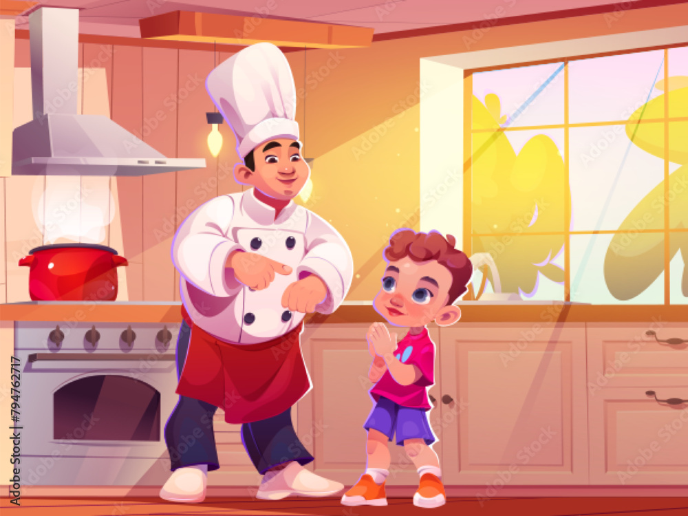 Chef teaching boy to cook in kitchen. Vector cartoon illustration of ...