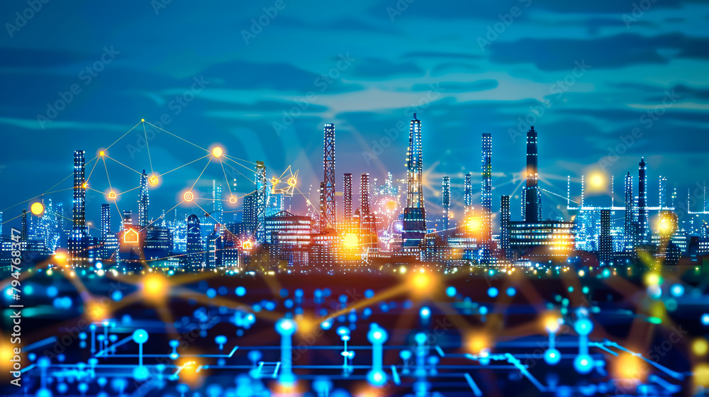 Night view of an industrial refinery. symbolizing the complex and high ...