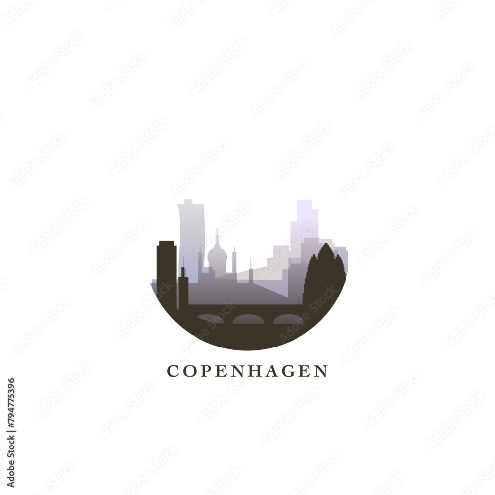 Copenhagen cityscape, gradient vector badge, flat skyline logo, icon. Denmark capital city round ...