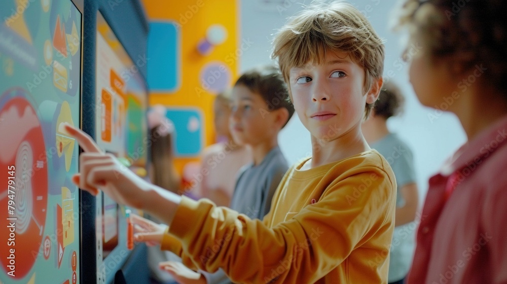 Niño curioso usando pantalla táctil educativa en clase, tecnología ...