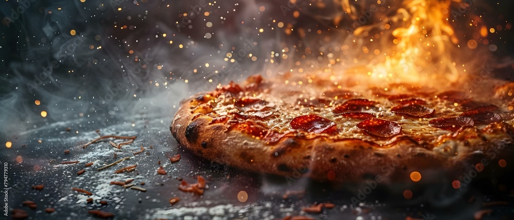 Pizza being tossed in the air during a storm with lightning. Concept ...