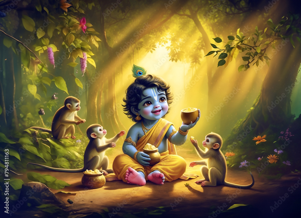 Cute adorable Krishna feeding his monkey friends in Vrindavan forest ...