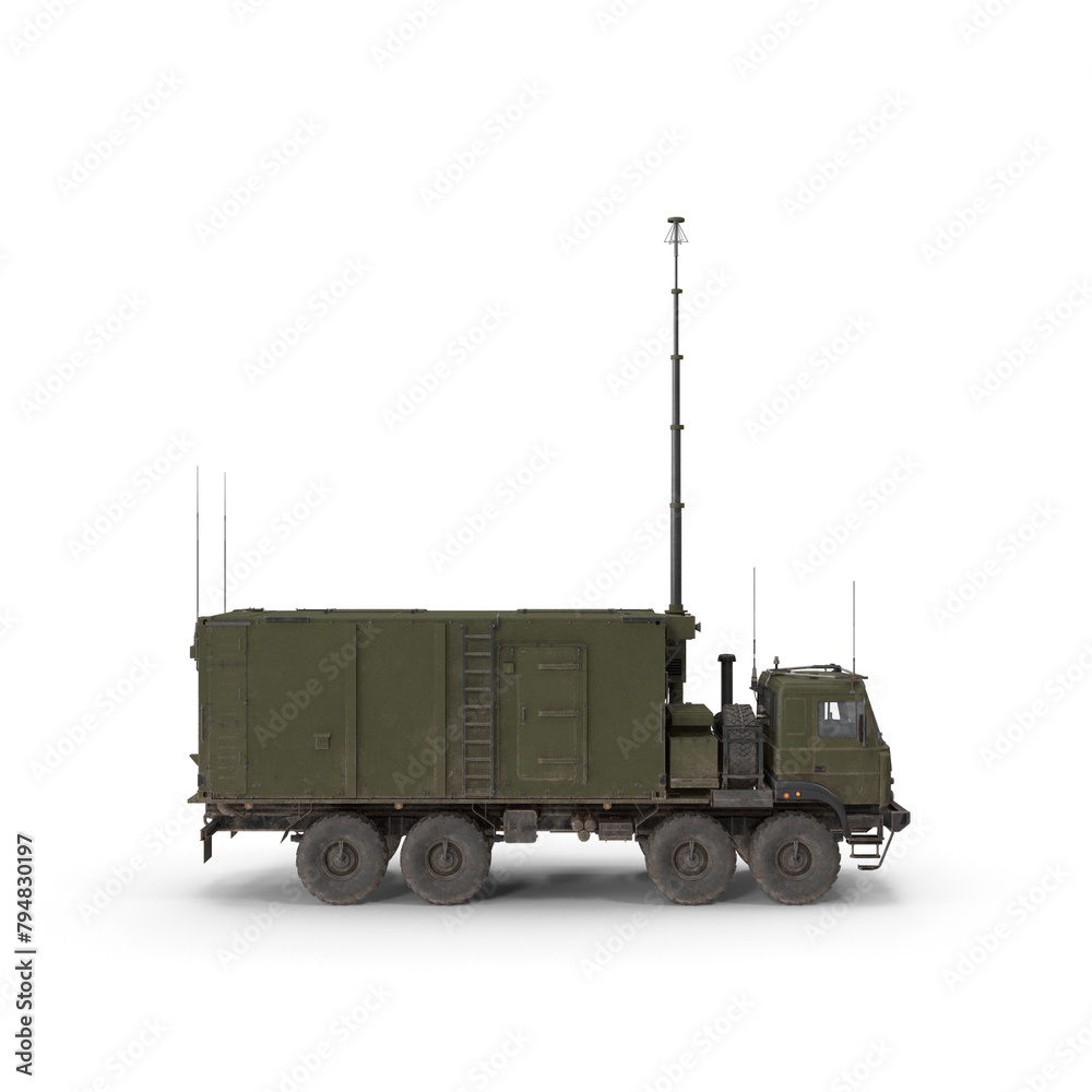 3D realistic Army military radar truck isolated on white, Air defense ...
