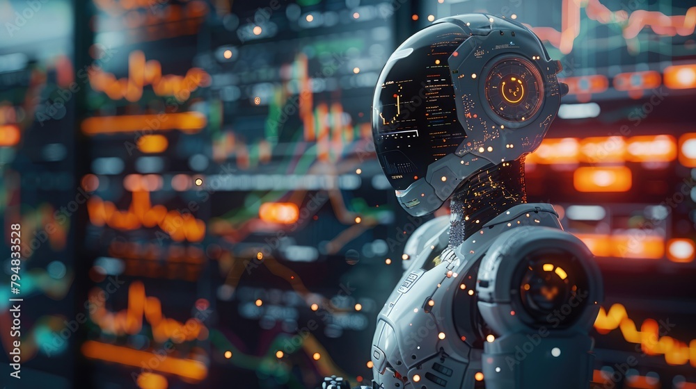 Trading robot standing and analyzing a crypto trading chart ...