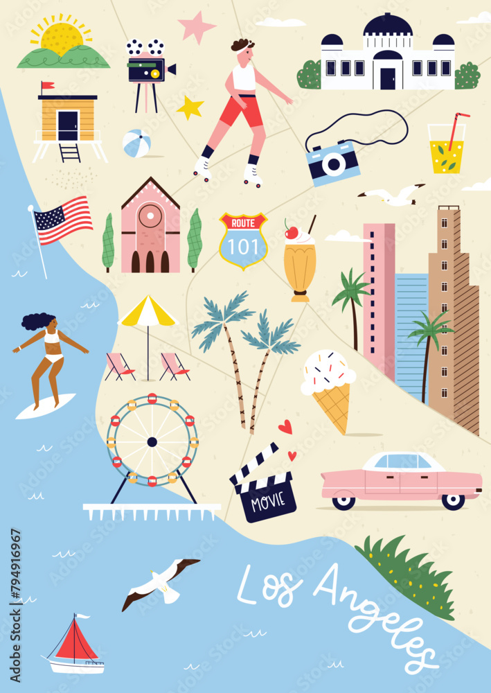 Los Angeles, California city map with famous symbols, landmarks, places ...
