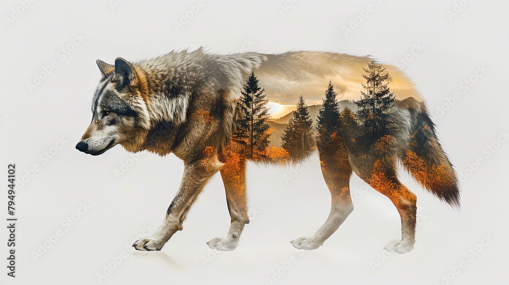 Print graphic illustration of wolf walking in forest double exposure ...