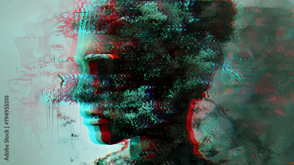 Glitch art 3D effect with pixelated distortions and digital artifacts ...