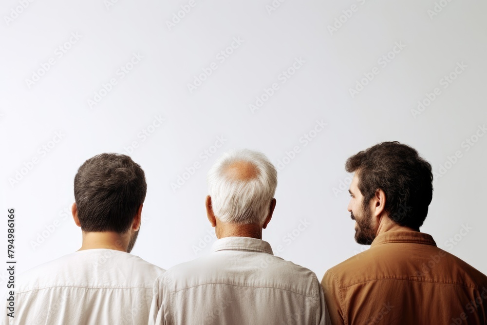 Three generations of men, aligned by age, shown from the back ...