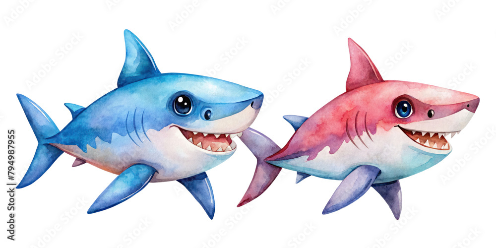 Cartoon blue sharks watercolor illustration on transparent background ...