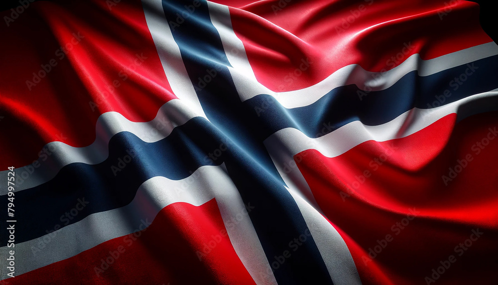 Norway flag with big folds waving close up under the studio light ...