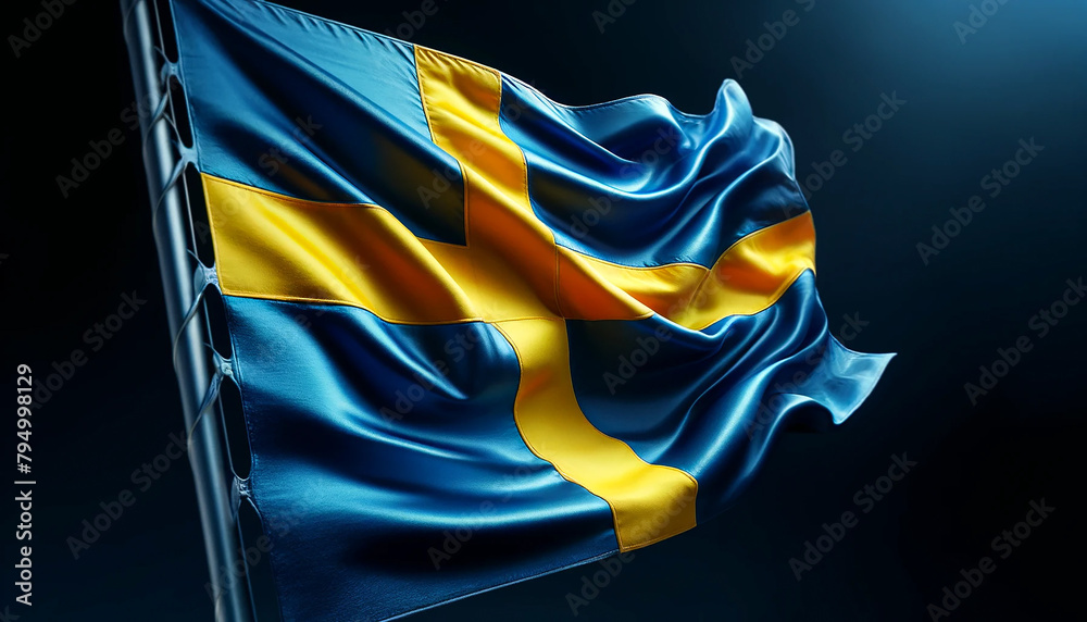 Sweden flag with big folds waving close up under the studio light ...