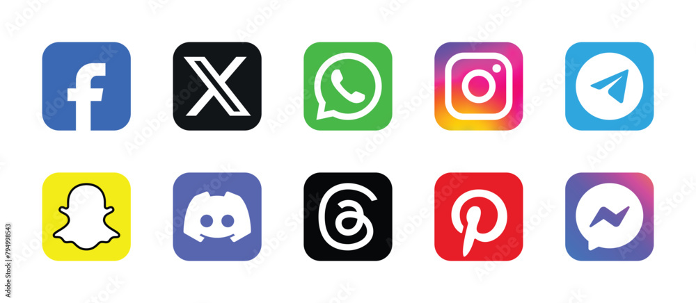 Social Media Logos Icon Set - Facebook, X, WhatsApp, Instagram ...