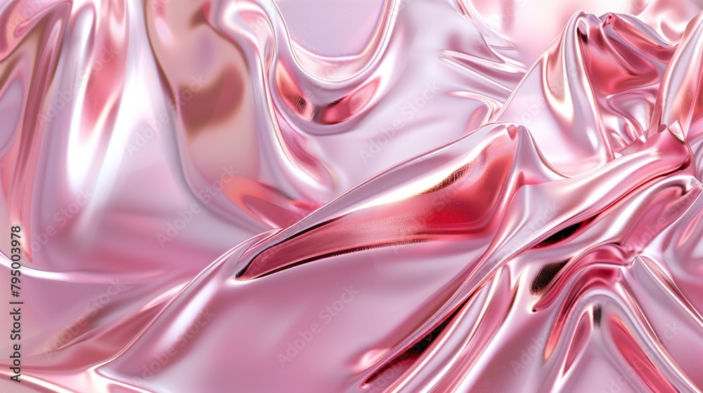 Reflective pink fluid art with wavy metallic texture. 3D renderings of ...