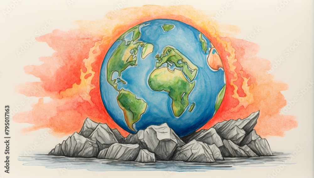 Warming Warning: Watercolor Hand Drawn Logos Depicting Global Warming ...
