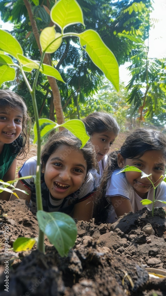 Four happy Indian school girls planting a tree sapling in the soil ...
