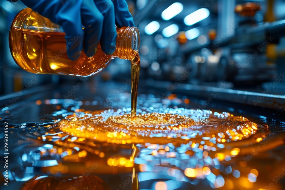 Glowing amber liquid is poured from a beaker in an industrial setting ...