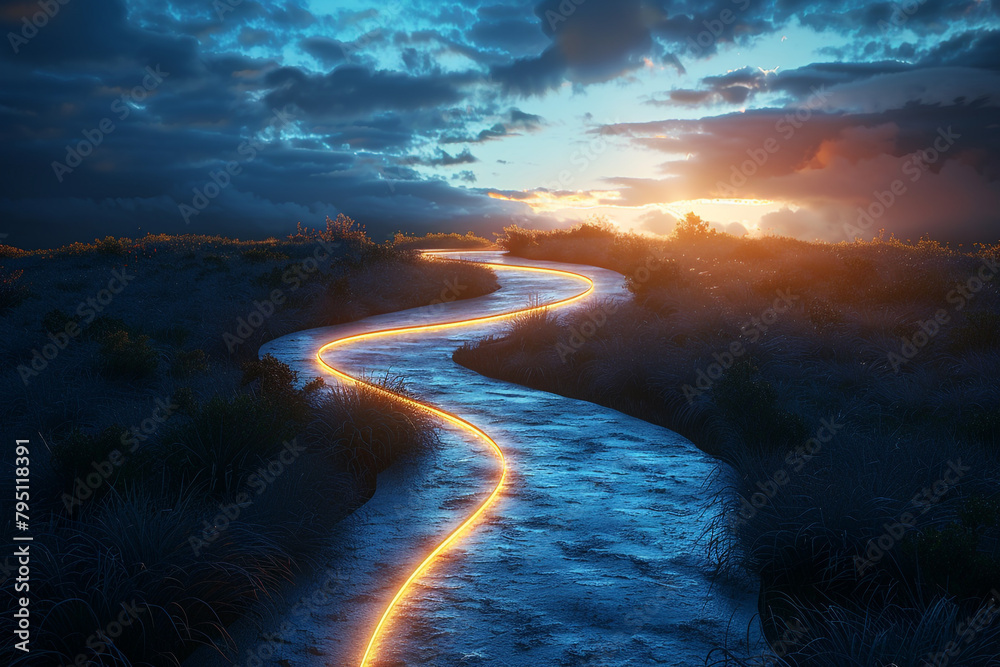 Illuminated pathway in a 3D roadmap, guiding steps to success clearly ...