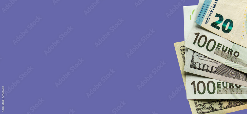 Euro and dollar banknotes on a blue banner background. Cash in euros ...