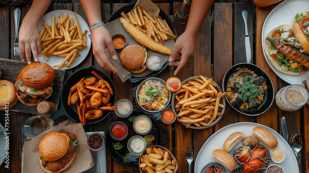Overhead view of a banquet table filled with a mix of fast food ...