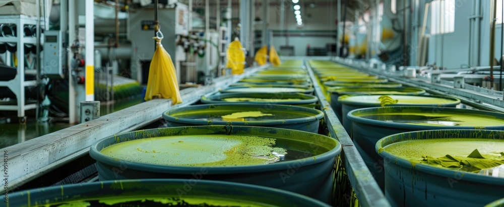 detailed view of the dyeing process in a green factory, showing vats of ...
