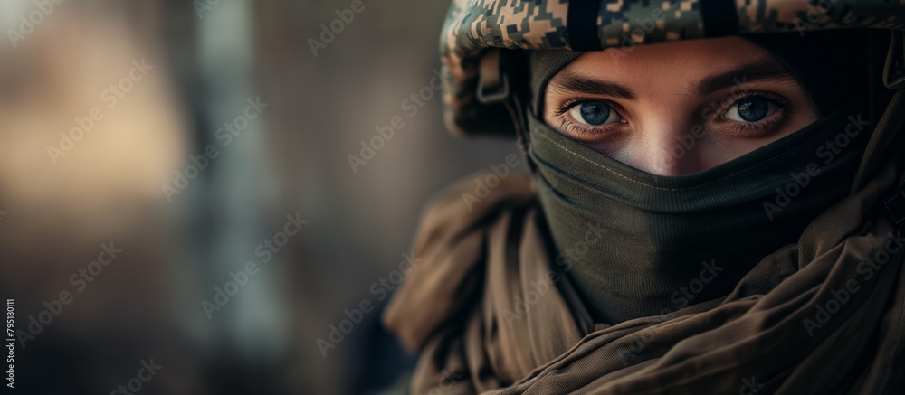 Female soldier's eyes, showing determination, with a helmet and ...