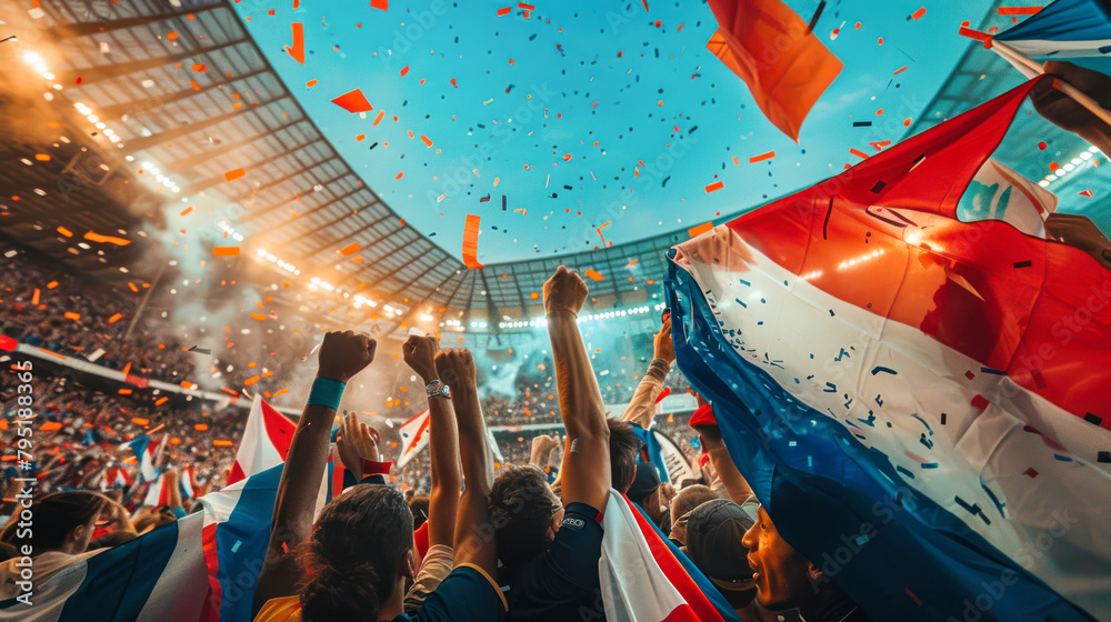 Foto de Stock French football soccer fans in a stadium supporting the ...