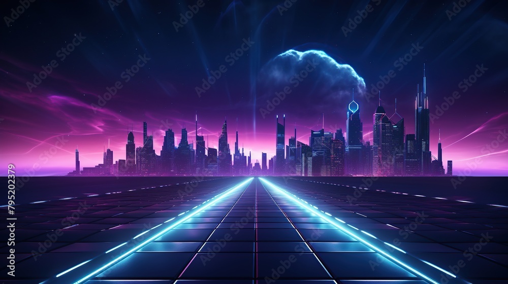 Synthwave-style landscape with urban high-rises, and sun. Backdrop for ...