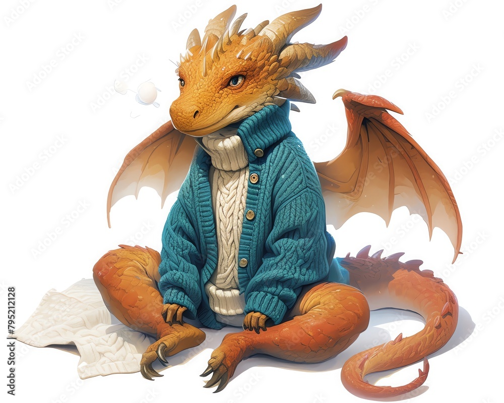 Cozy sweaterwearing dragon, snug in a handknit pullover, vivid colors ...