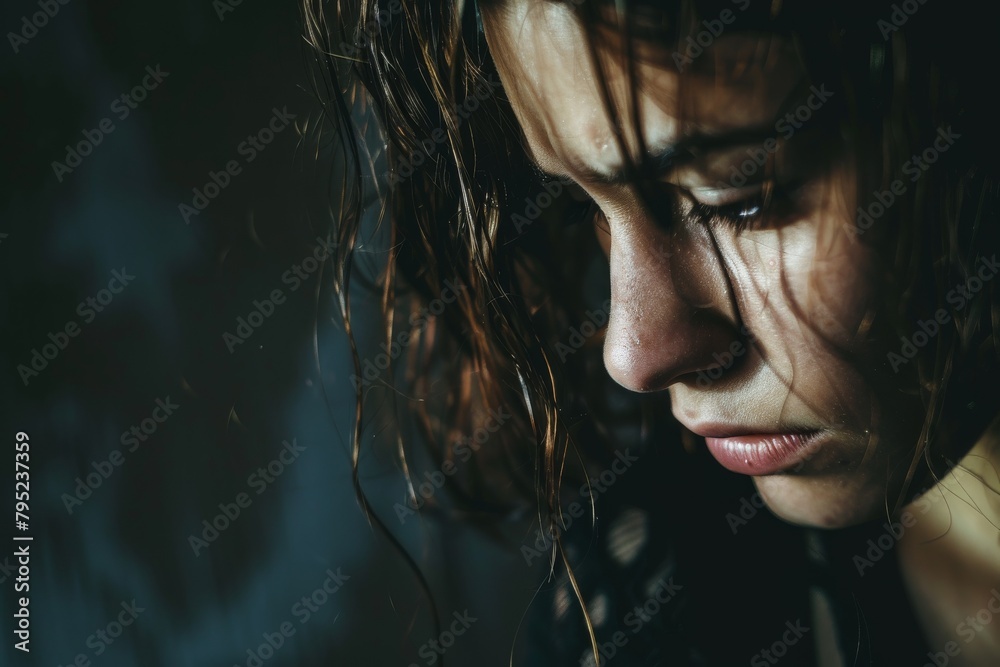 Dramatic lighting highlights the moisture in hair, creating a deep ...