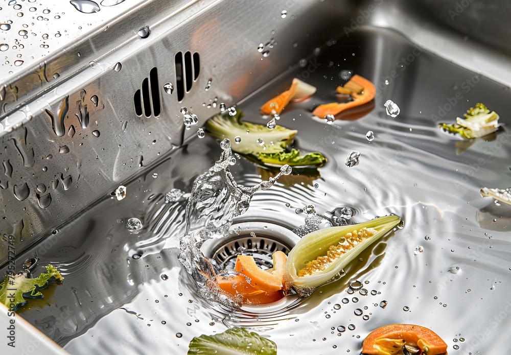 Food waste from the washing up in the sink and trash traps grid of ...