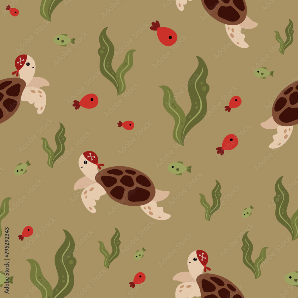 Sea animal seamless pattern in cartoon flat style. Pirate digital paper ...