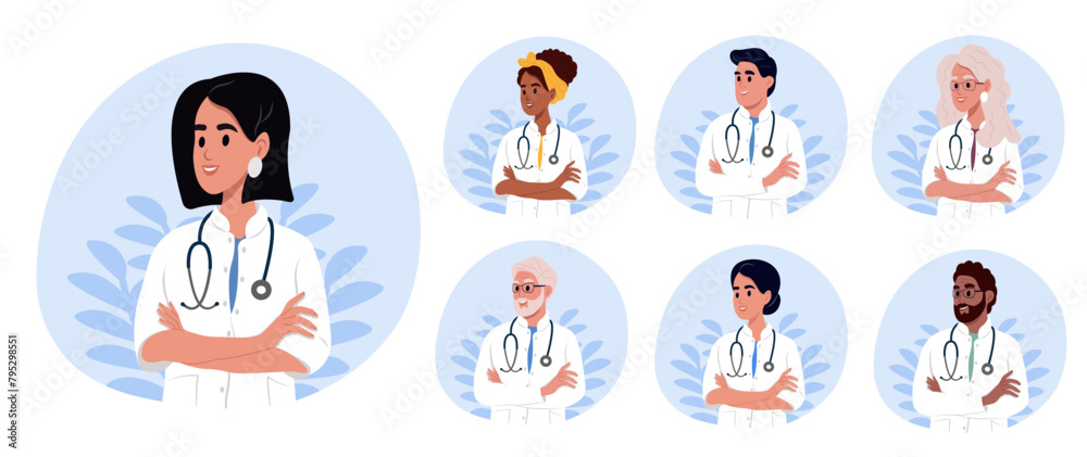 National Doctors' Day. Set of smiling doctors, portraits of different ...