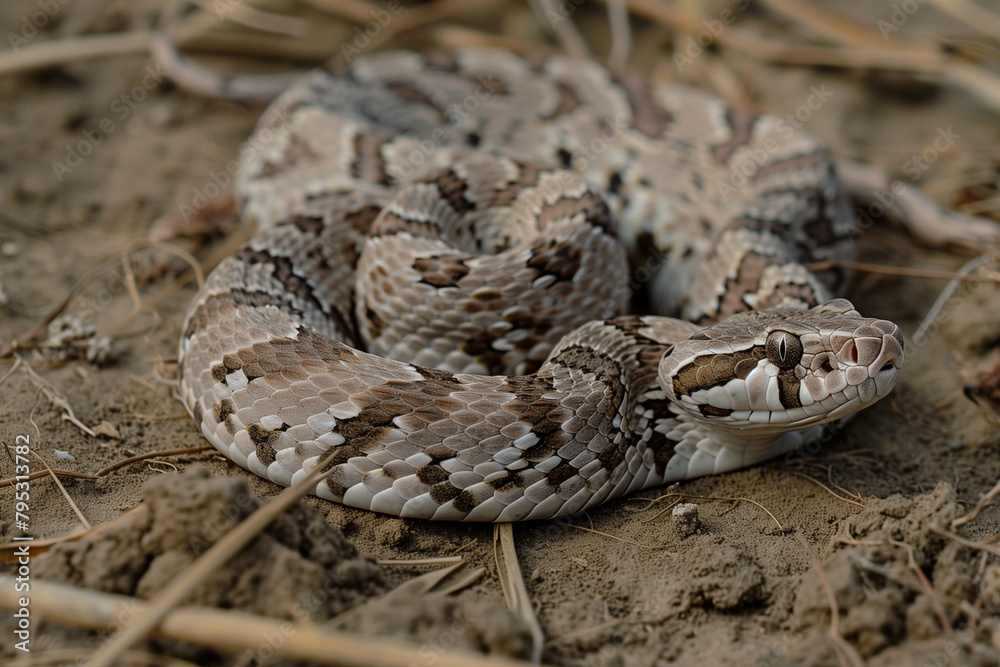 Wild natrix maura snake with camouflage scales slithering on rough dry ...