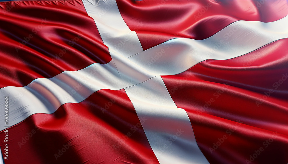 Denmark flag with big folds waving close up under the studio light ...