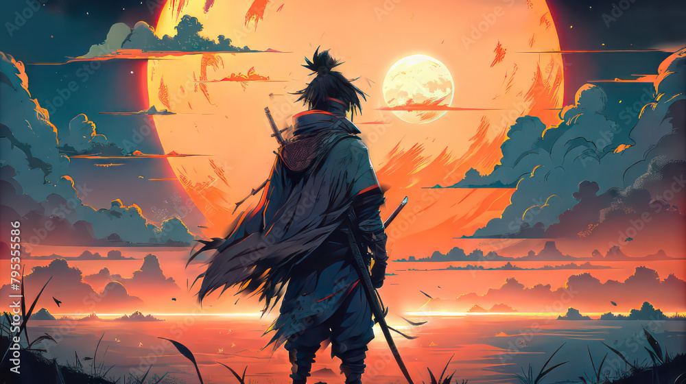 An animated Cool 2d illustration of a black modern ninja looking at the ...