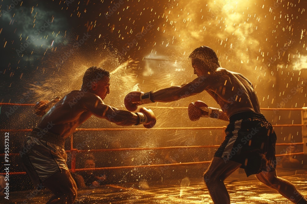 Two muscular athletes engaged in a heated boxing match, fists colliding ...