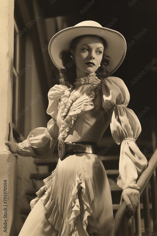 hollywood actress western walking down stairs in 1950s vintage black ...