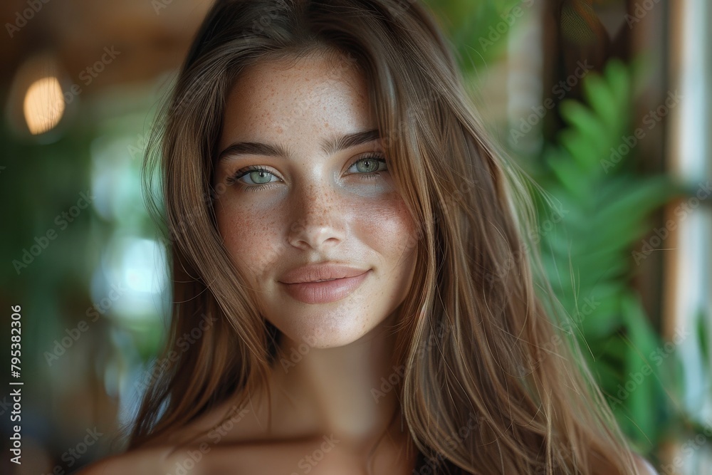 Serene beauty portrait of a woman with green eyes, freckles and a soft ...