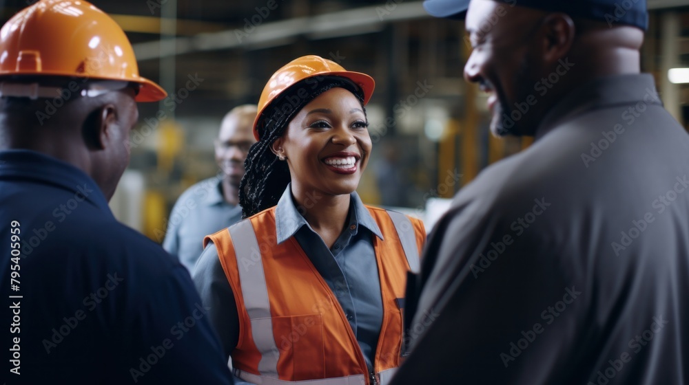 African American manager who is touring a factory with her co-workers ...