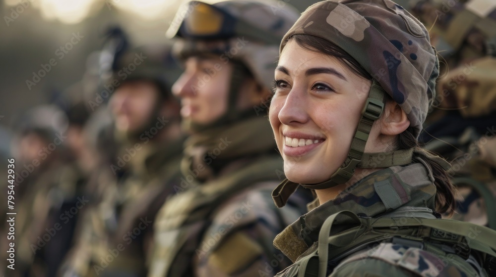 Beautiful female soldier in military uniform along with other soldiers ...
