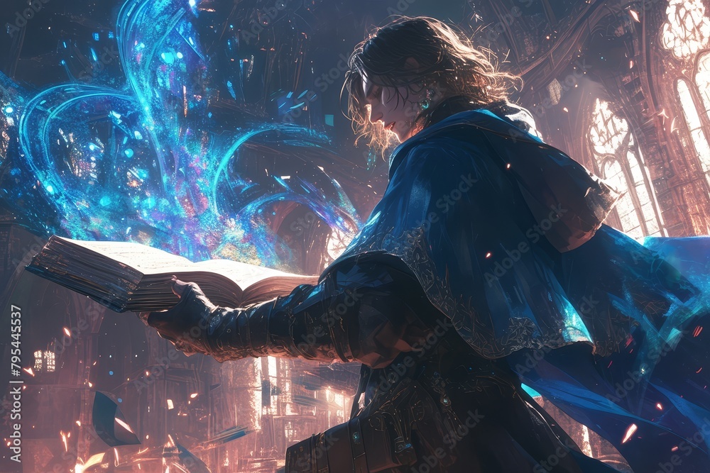 A wizard in blue robes holding an open book, casting spells with ...