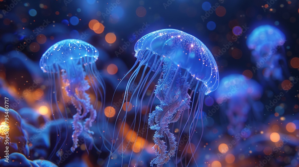 Bioluminescent Jellyfish, Clear Tentacles, Glowing under the Moonlight ...