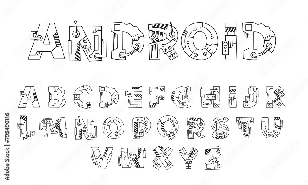 Android robot font. Cartoon black and white vector graffiti letters ...