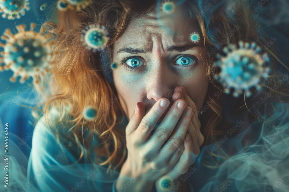 Ill woman covering mouth and few bacterial cells floating in the air ...