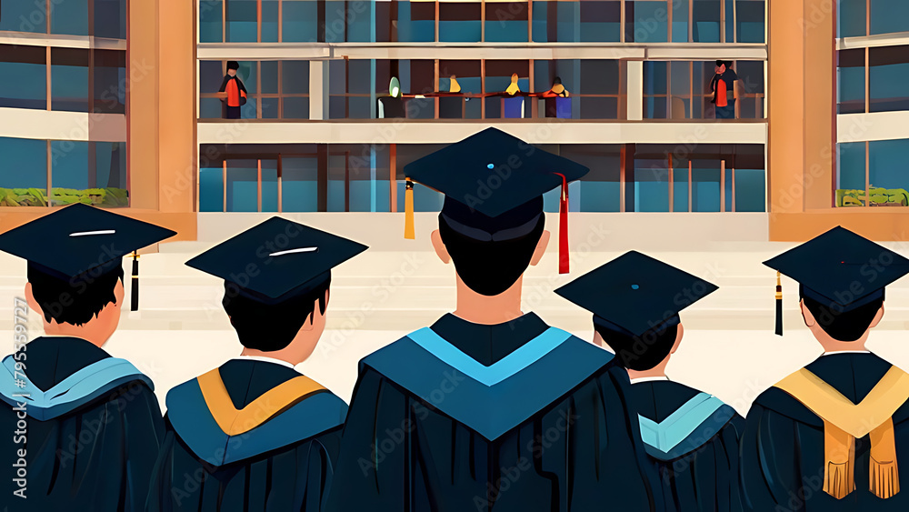 A young student man giving graduation speech to other graduated people ...