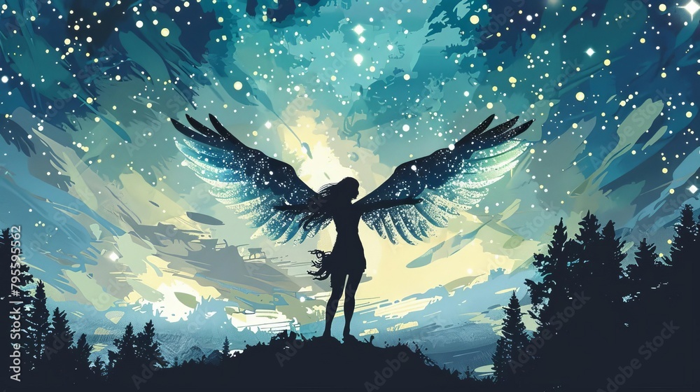 angelic messenger woman with wings spreading arms under starry night ...