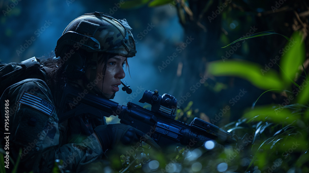 Stock-Illustration „Under the cover of night, a female soldier in ...