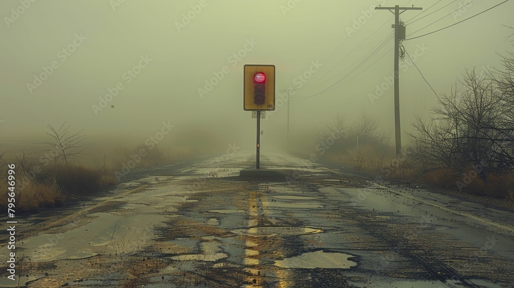 A haunting image of an abandoned highway, shrouded in fog, with a ...