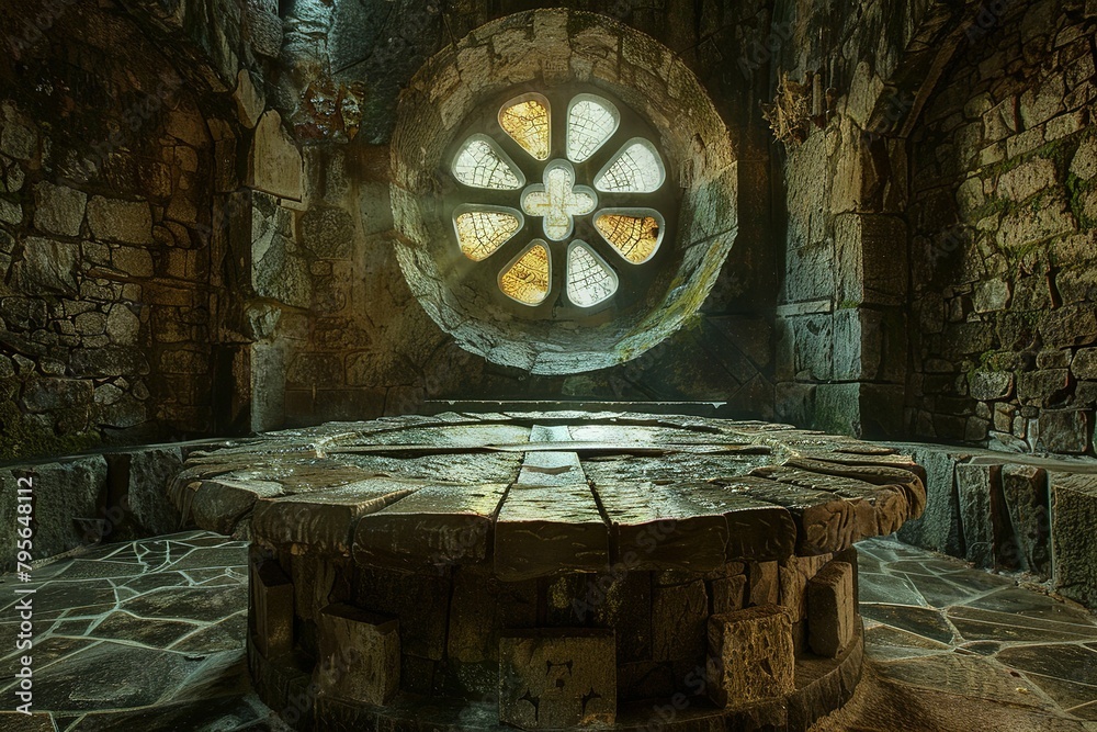 cinematic picture, a stone circle windows of a catle above a big thick ...